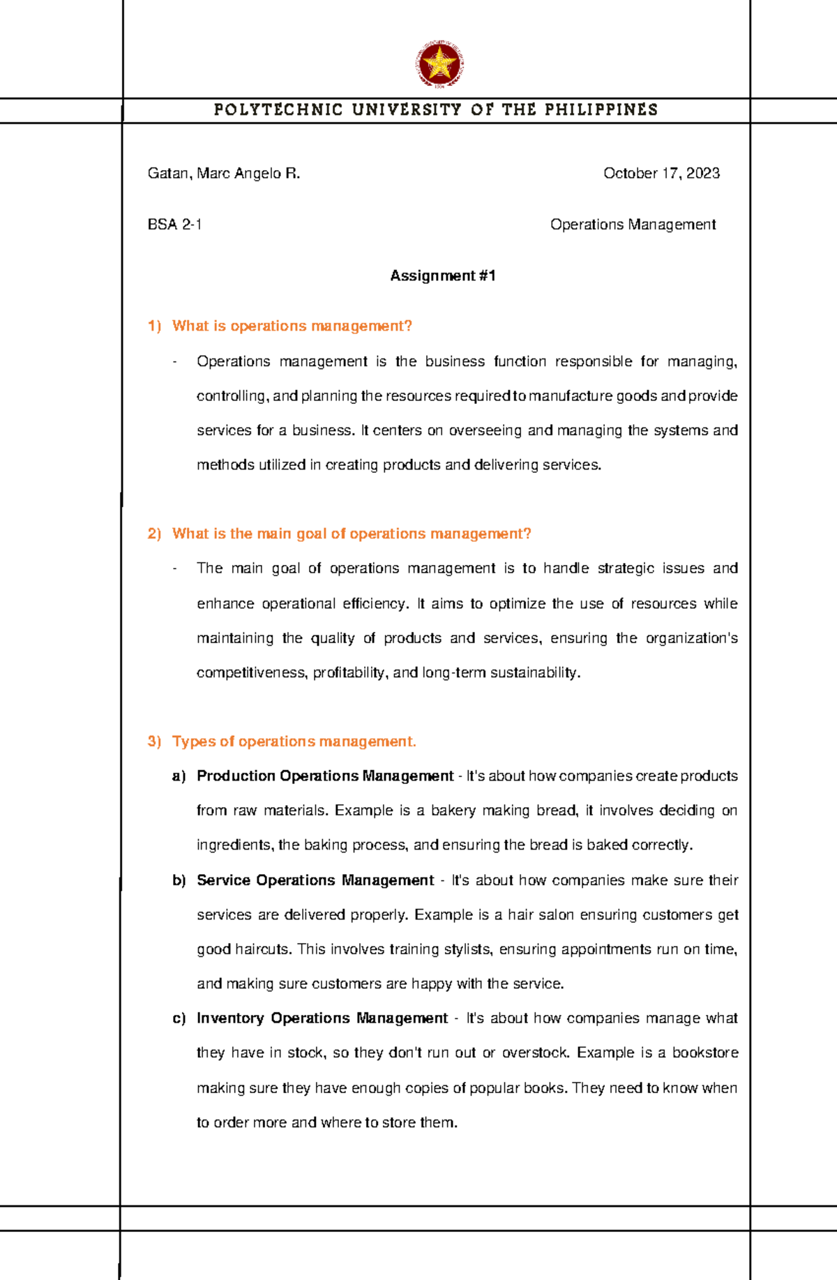 Gatan, Marc Angelo R. - Assignment #1 - P O L Y T E C H N I C U N I V E R S I T Y O F T H E P H ...