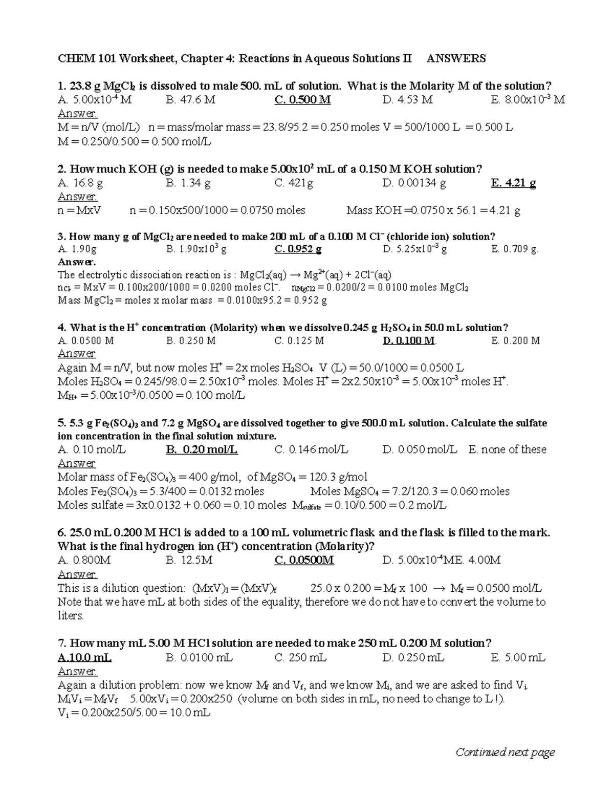 Worksheet Chapter 4-II answers - CHEM 101 Worksheet, Chapter 4 ...
