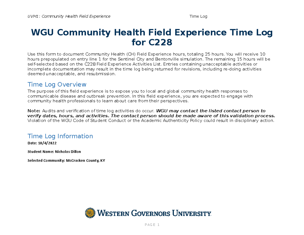 C228 Community Health Field Experience Time Log Nicholas Dillon - WGU ...