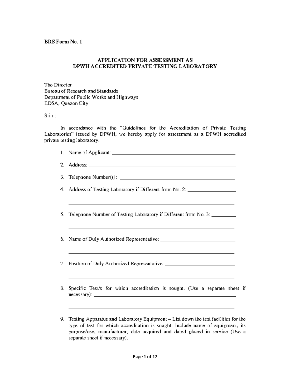 Guidelines lab - TESTING APPLICATION - BRS Form No. 1 APPLICATION FOR ...