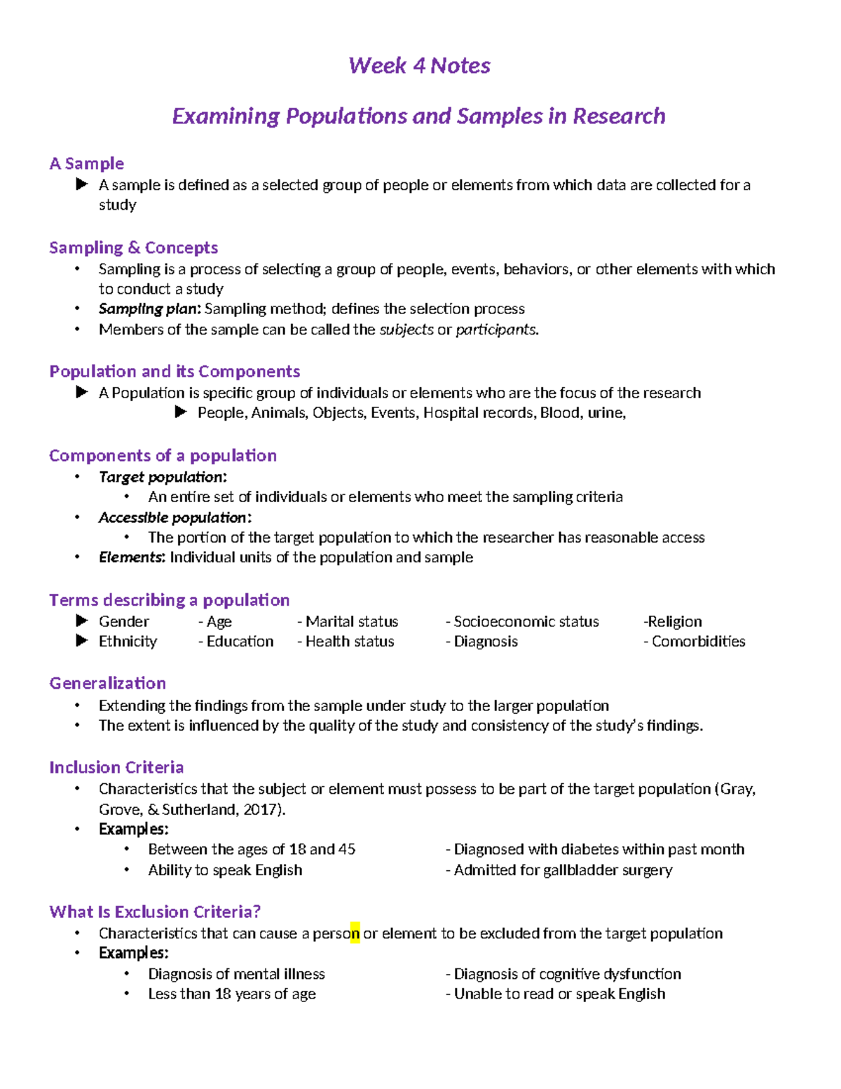 Week 4 Notes - Week 4 Notes Examining Populations and Samples in ...
