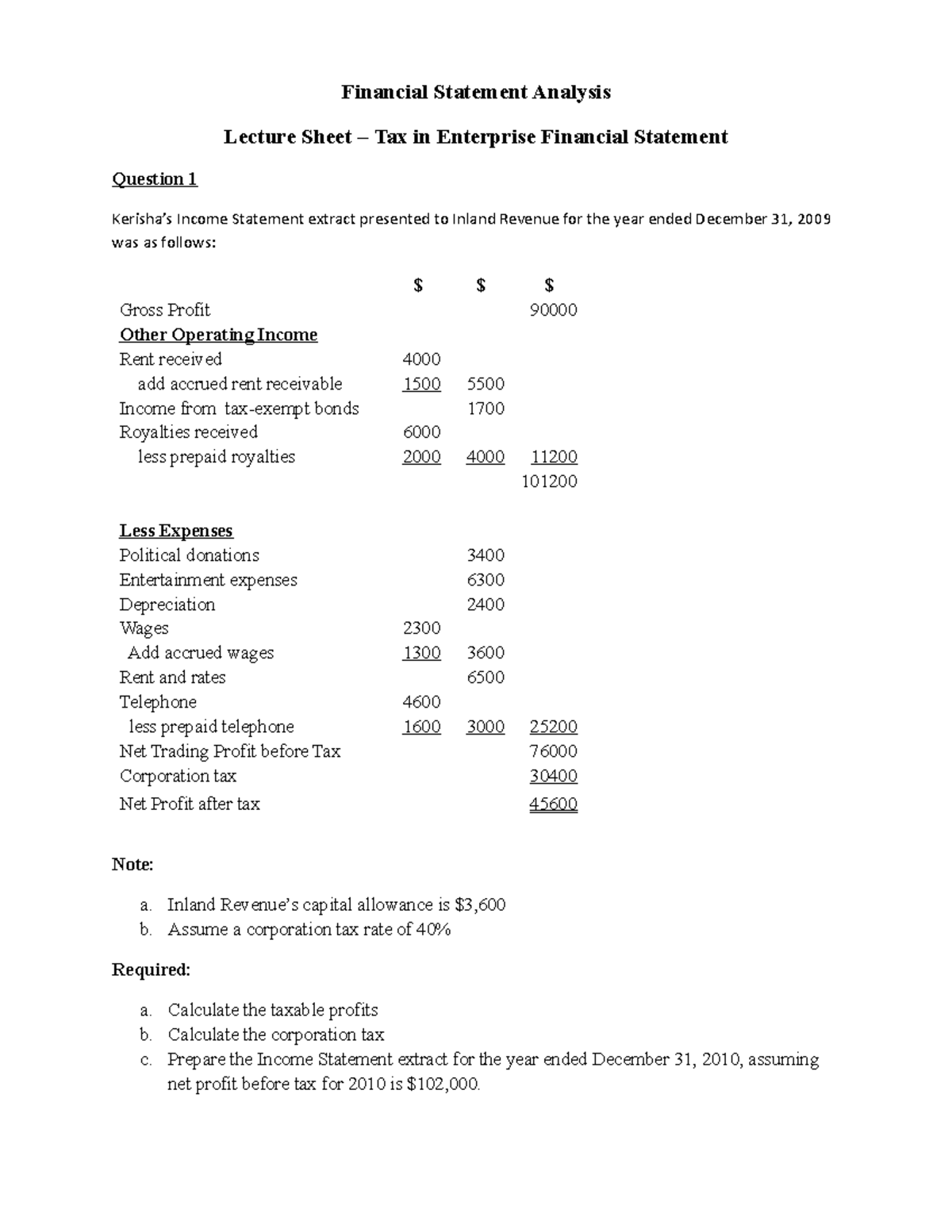 Taxation Lecture question - Financial Statement Analysis Lecture Sheet ...