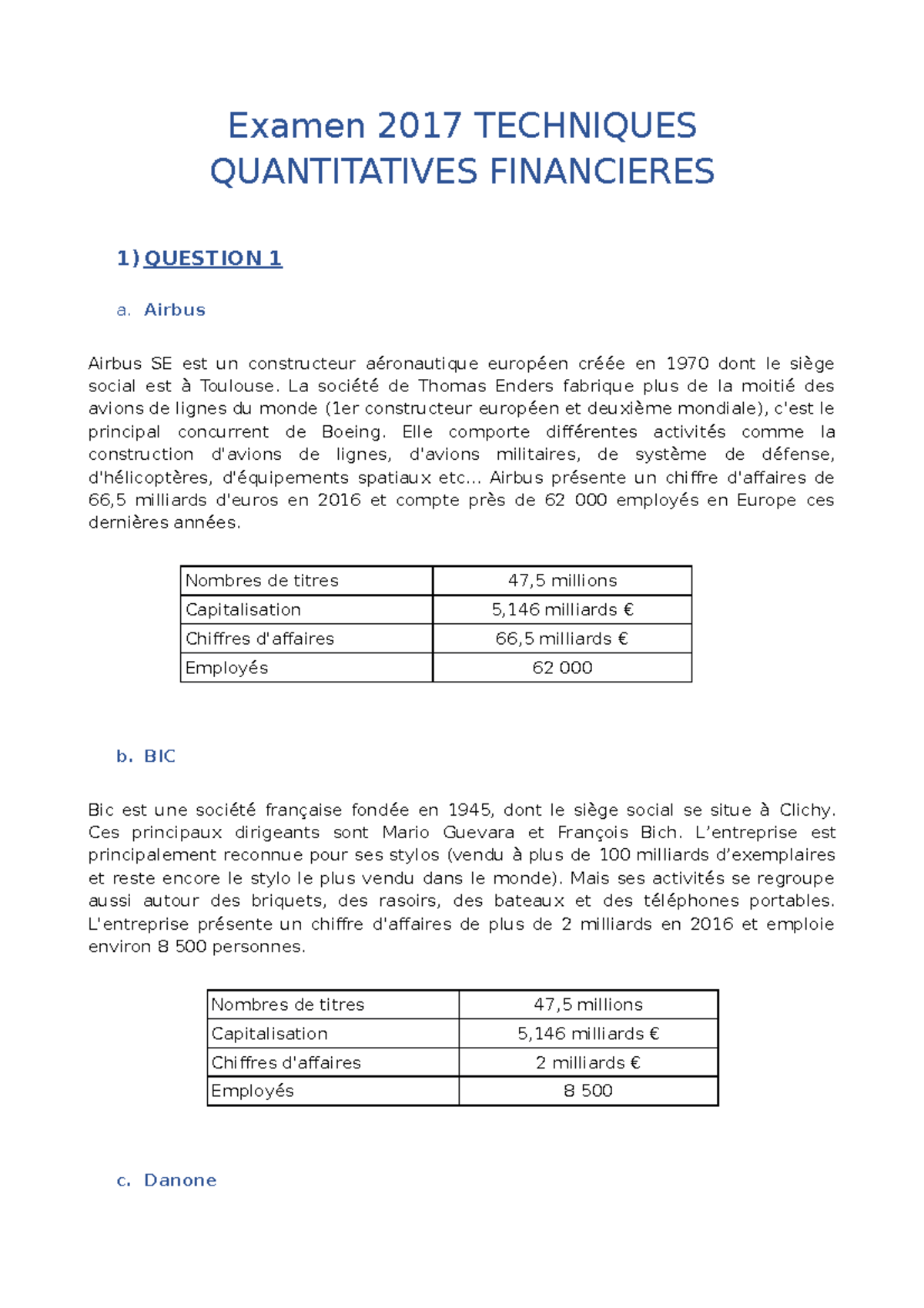 Examen 15 Juin 2017, réponses - Examen 2017 TECHNIQUES QUANTITATIVES ...