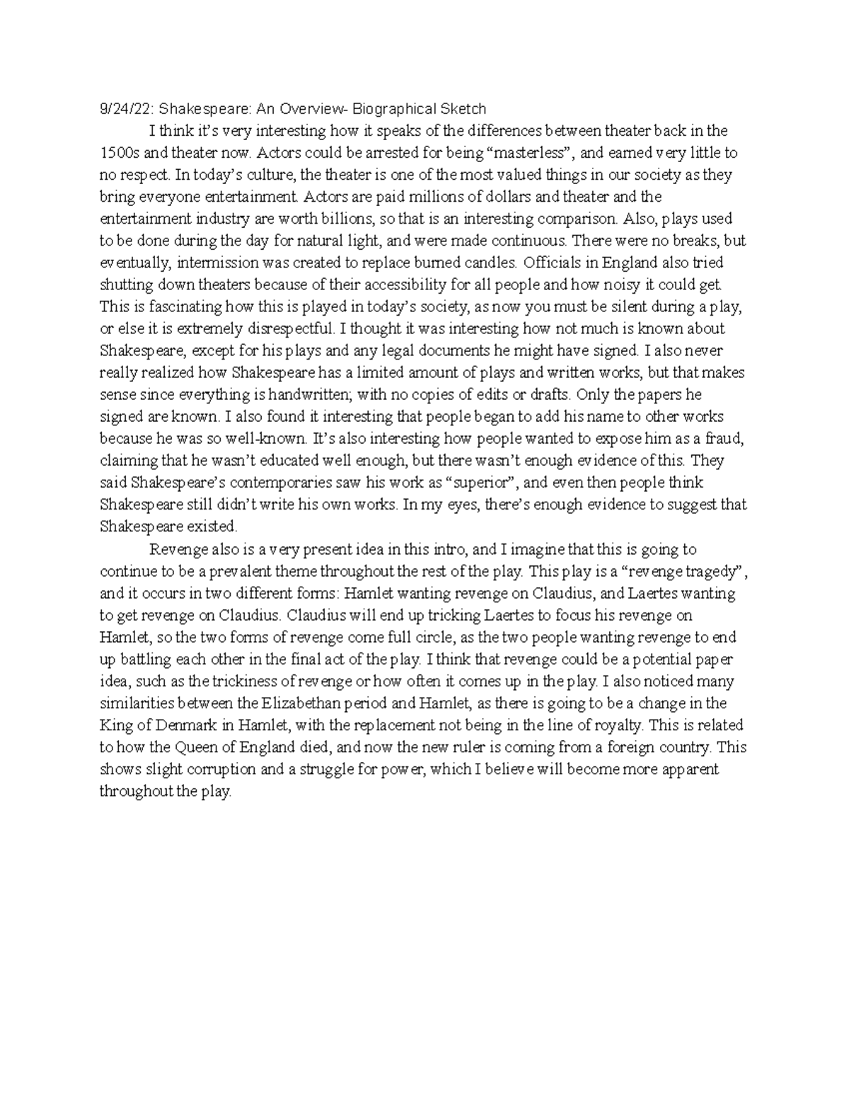 Journal Entry 1 Shakespeare An Overview- Biographical Sketch - 9/24/22 ...