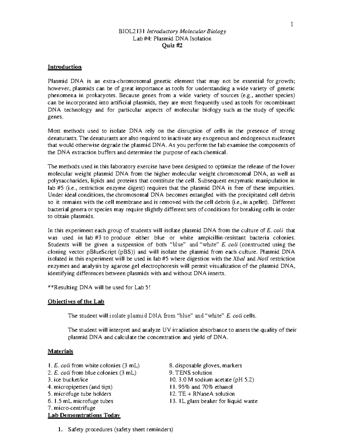 BIOL2131 Lab4 Plasmid DNA Isolation 02Mar2020 - Warning: TT: undefined function: 32 1 BIOL2131 ...