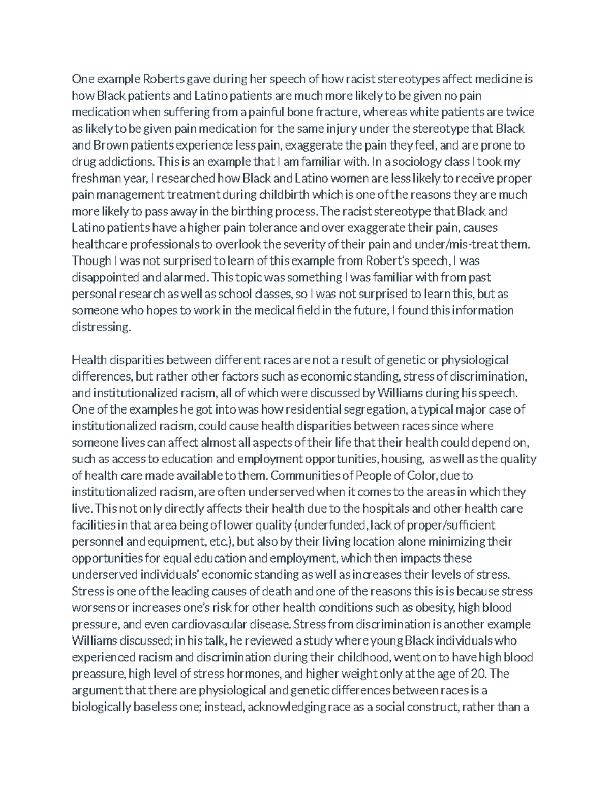 Medical Racism Disucssion 1 - One example Roberts gave during her ...