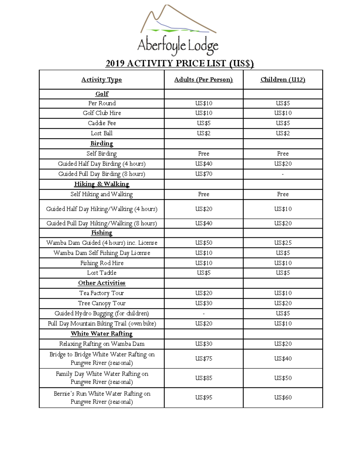 2019 Activity Price LIST USD - 2019 ACTIVITY PRICE LIST (US$) Activity ...