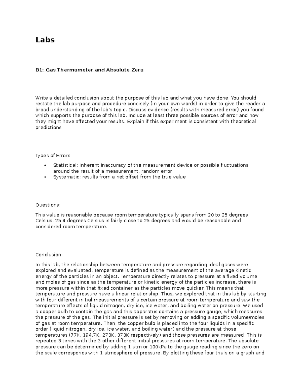 All PHYS108 Lab Reports - Labs B1: Gas Thermometer and Absolute Zero ...