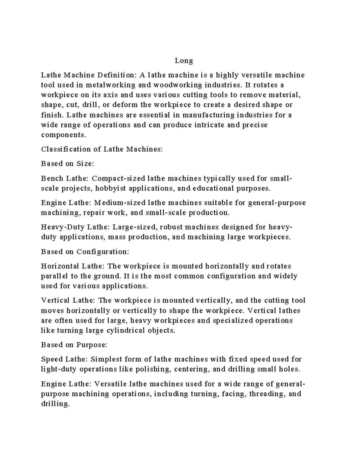 Assignment-1 - Assignment01 - Long Lathe Machine Definition: A lathe machine is a highly ...