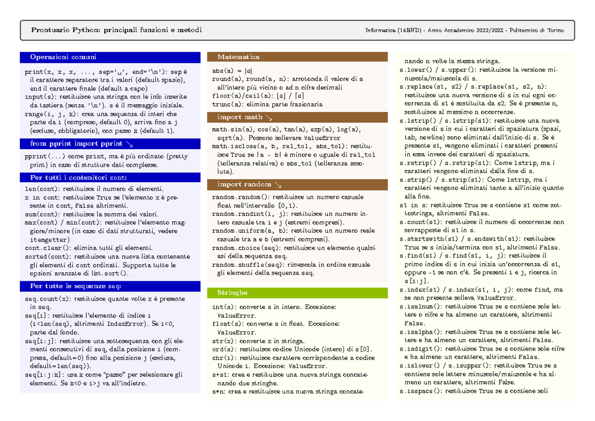 Cheat sheat - Prontuario Python: principali funzioni e metodi ...