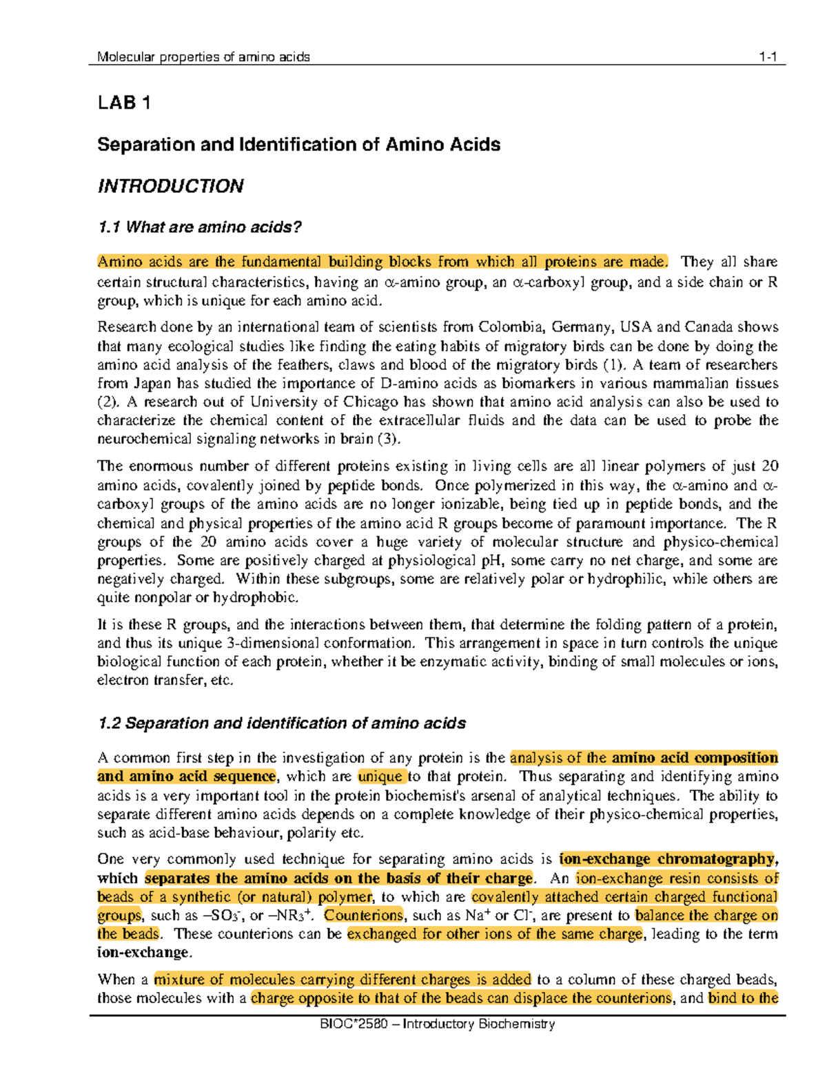 Amino Acid Lab Manual - Molecular properties of amino acids 1 - 1 LAB 1 ...