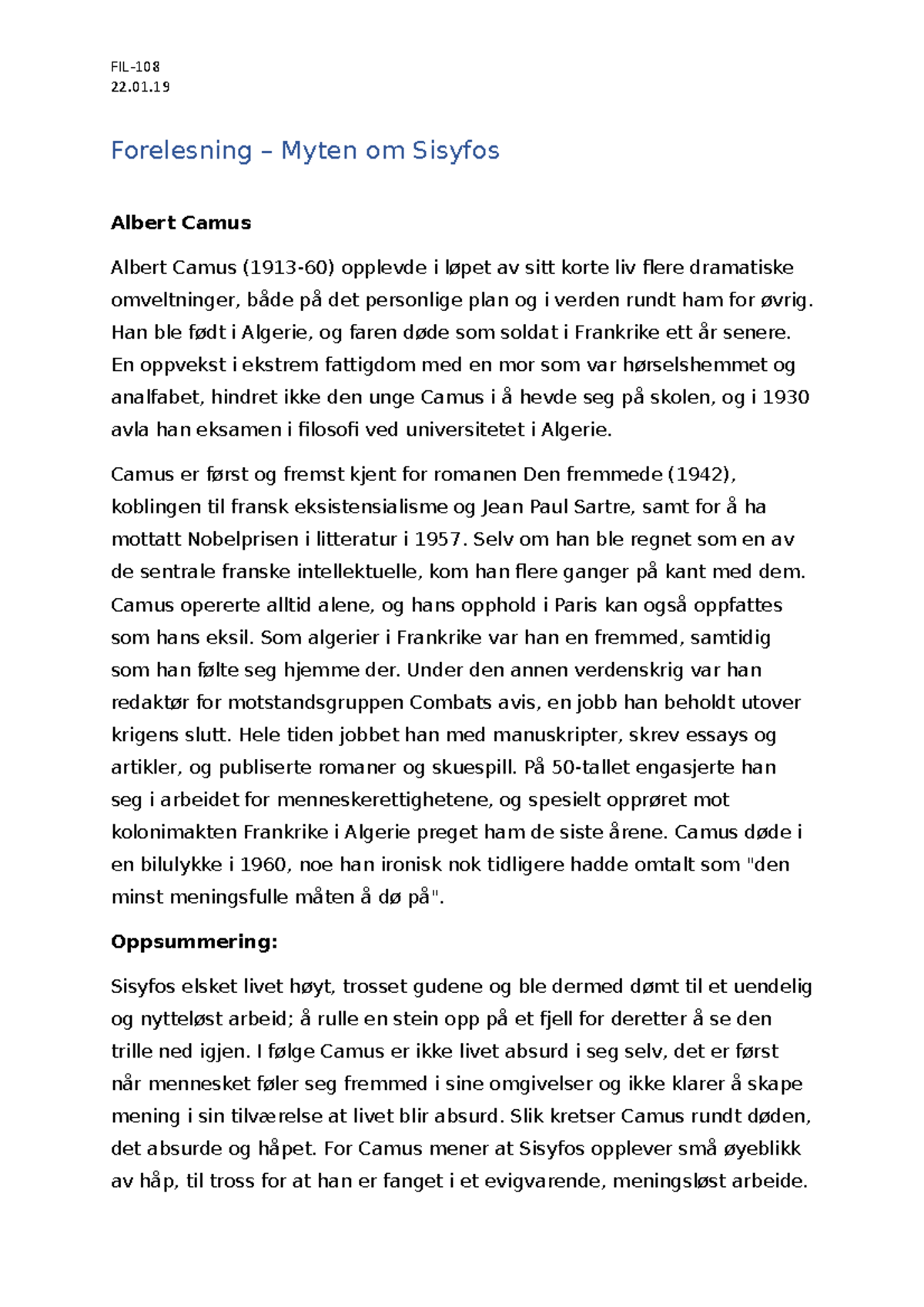 Forelesning 3 - Myten om Sisyfos - Forelesning – Myten om Sisyfos ...