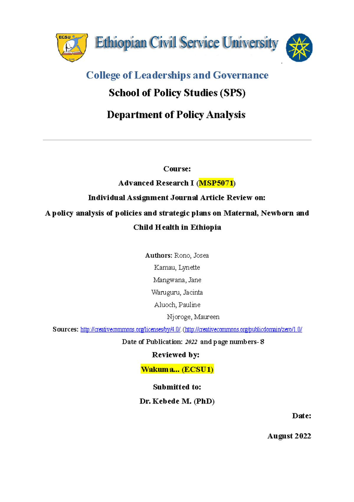 Assignment on Health Policy - College of Leaderships and Governance ...