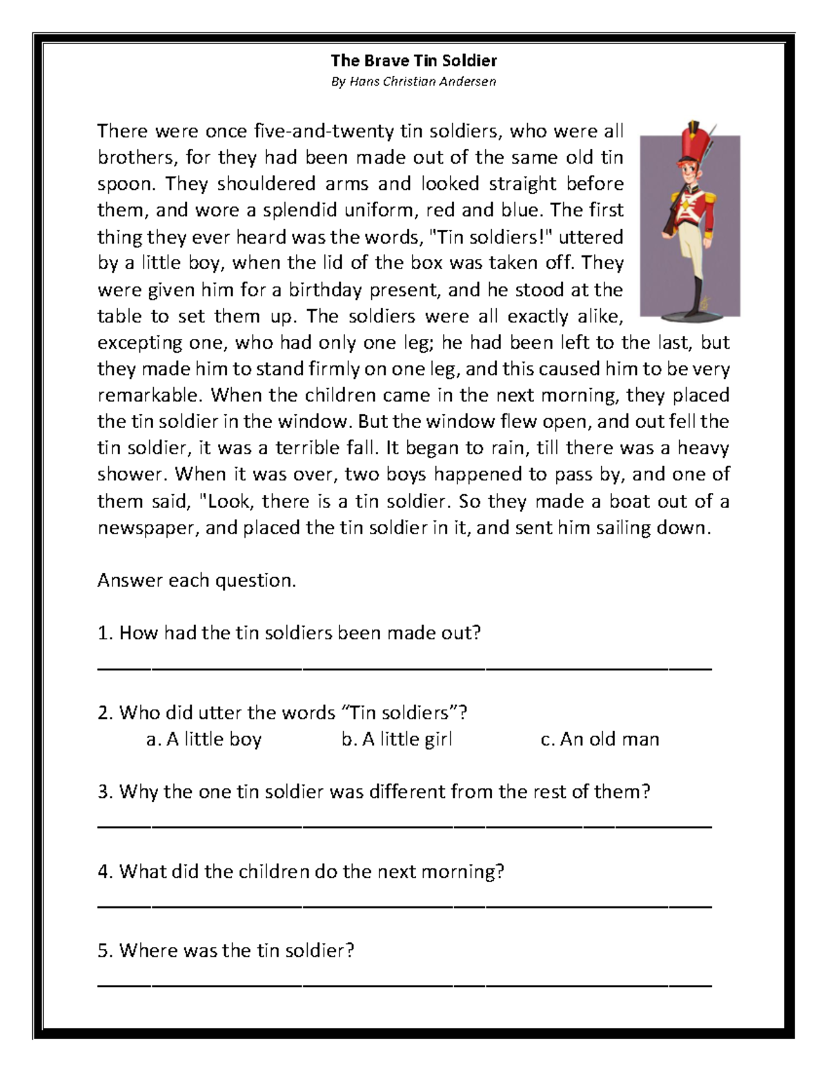 Grade 4 Reading Comprehension New Set The Brave Tin Soldier By Hans 