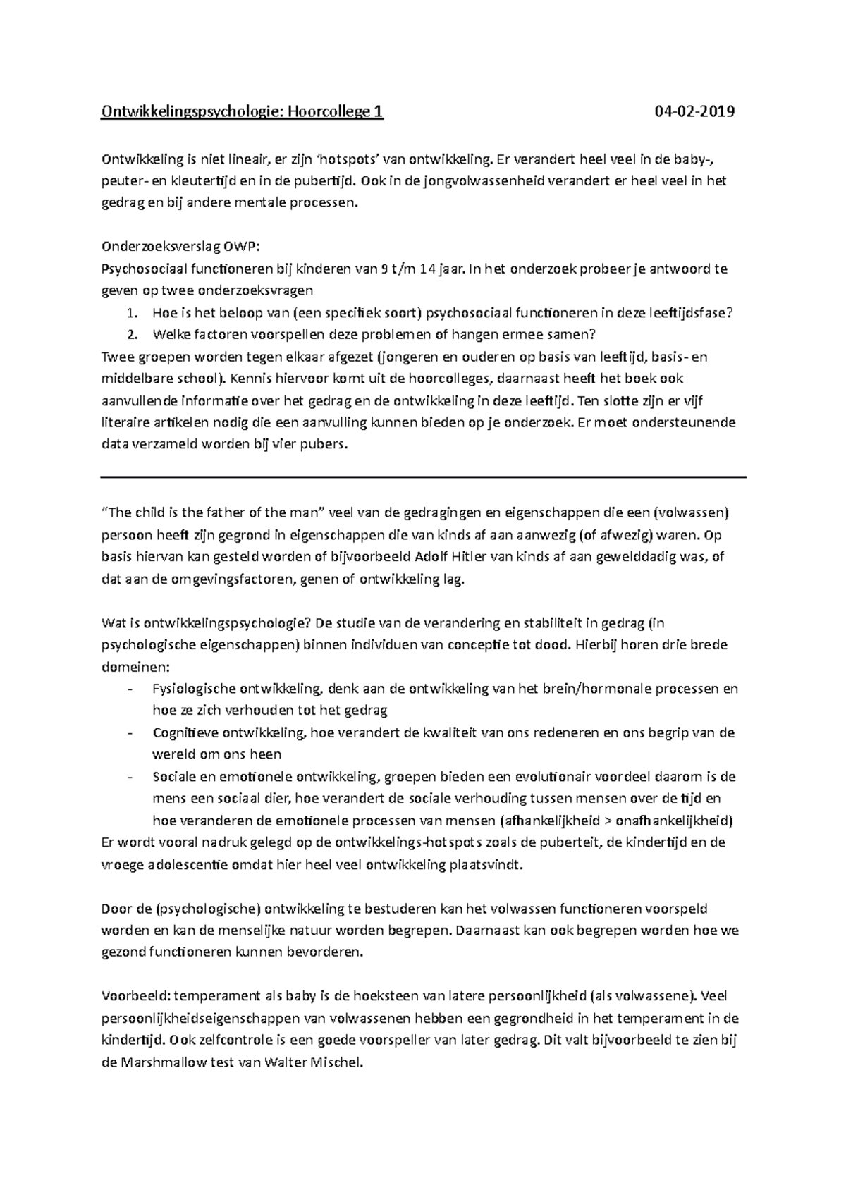Ontwikkelingspsychologie Hc1 Ontwikkelingspsychologie Hoorcollege 1