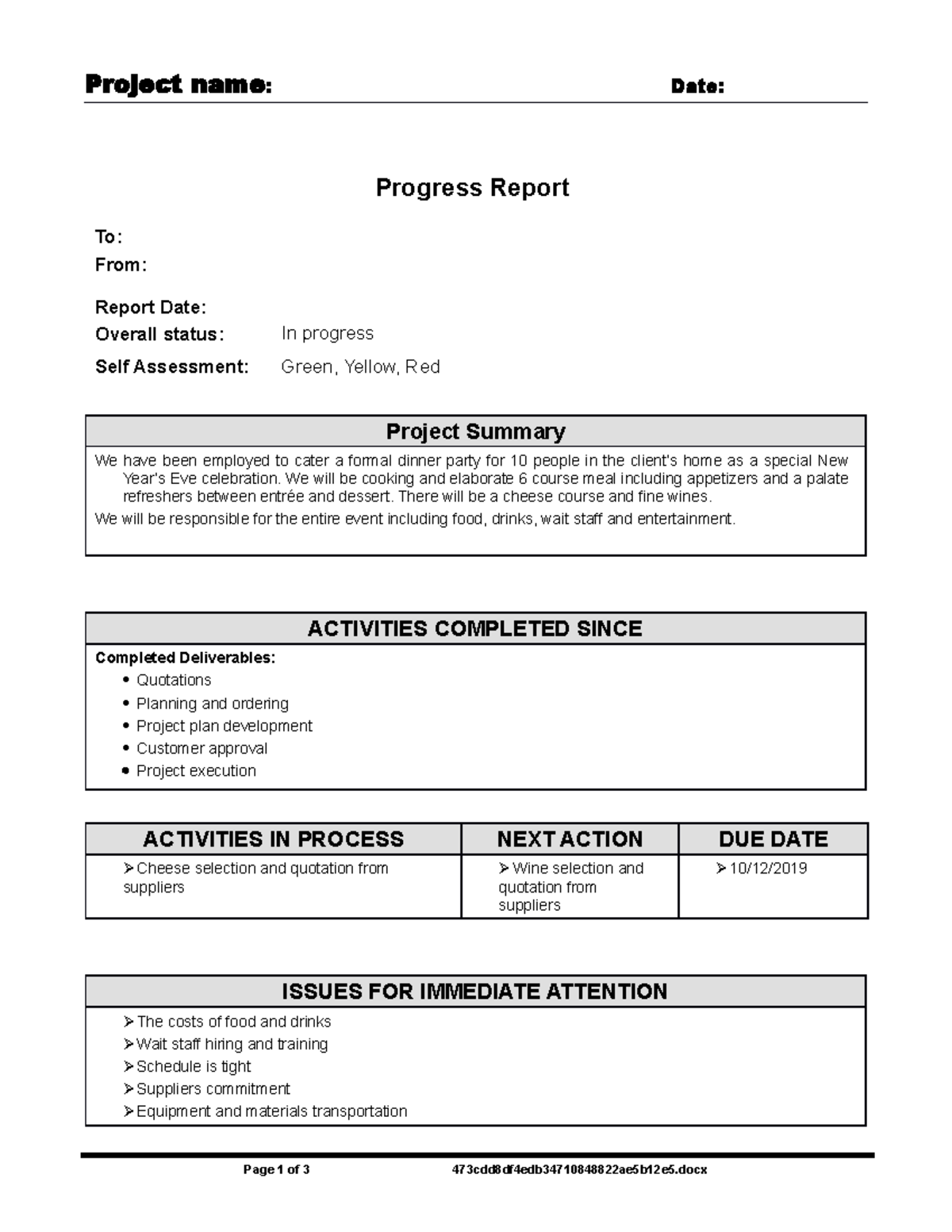 Bsbpmg 522 Task 2 Progress report - Project name: Date: Progress Report ...