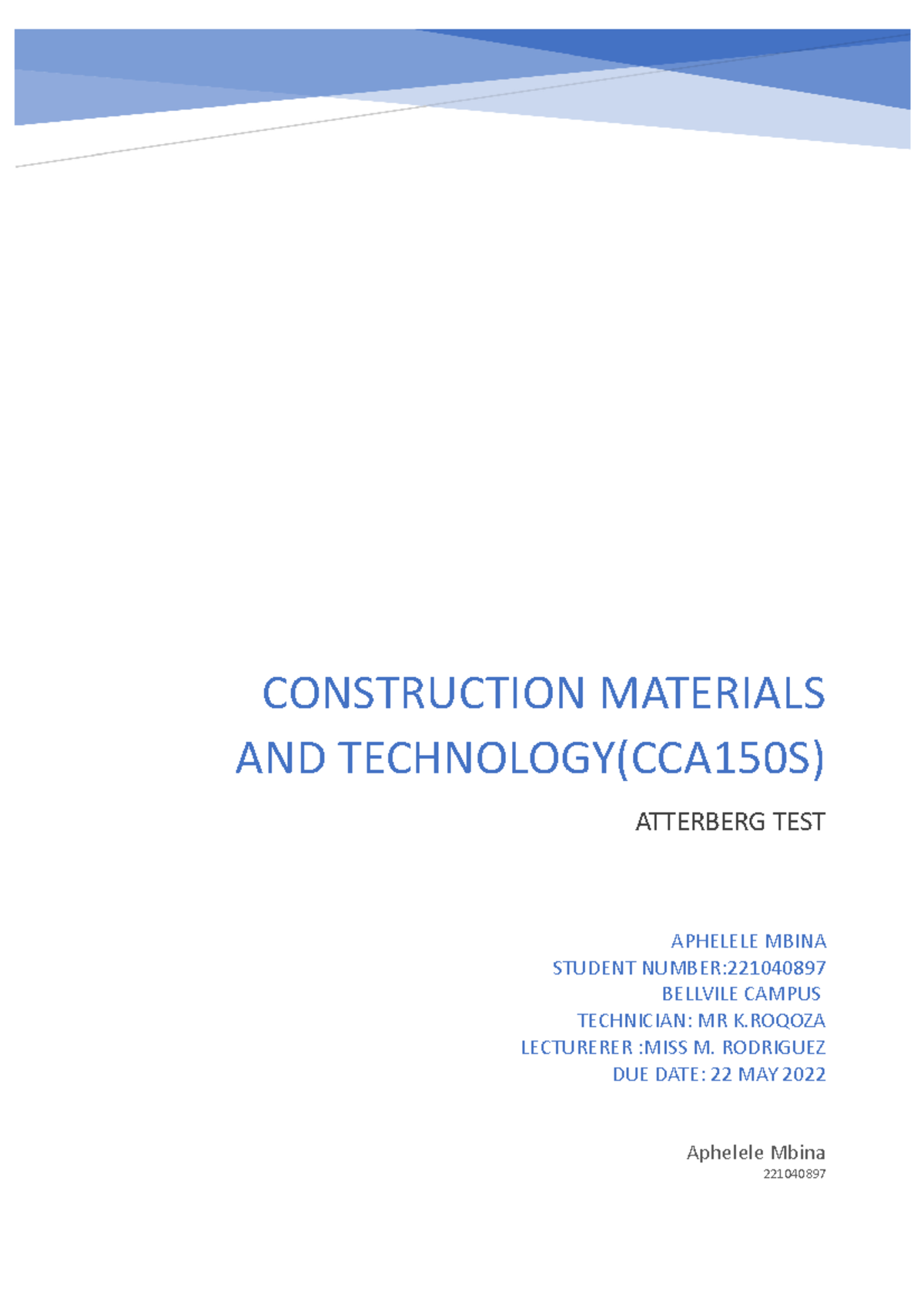 Atterberg TEST - D Aphelele Mbina 221040897 APHELELE MBINA STUDENT ...