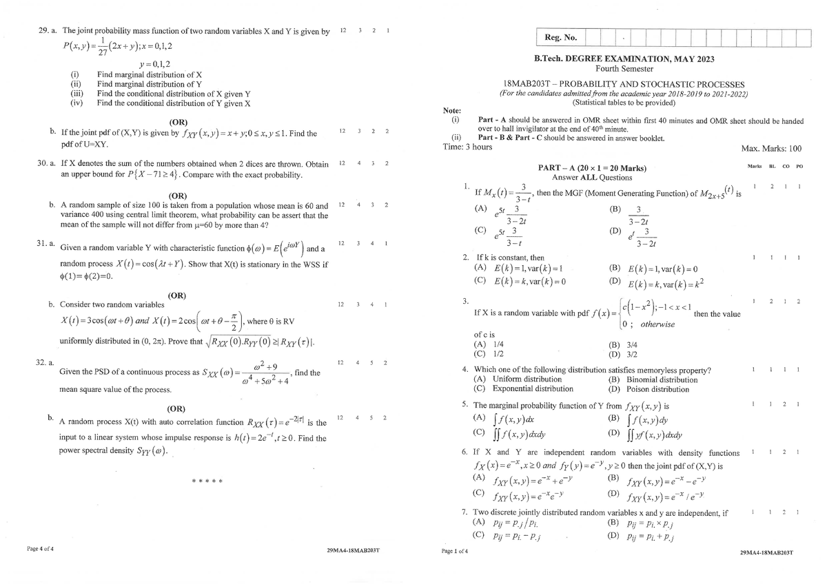 2023 end sem paper - Probability And Stochastic Processes - Studocu