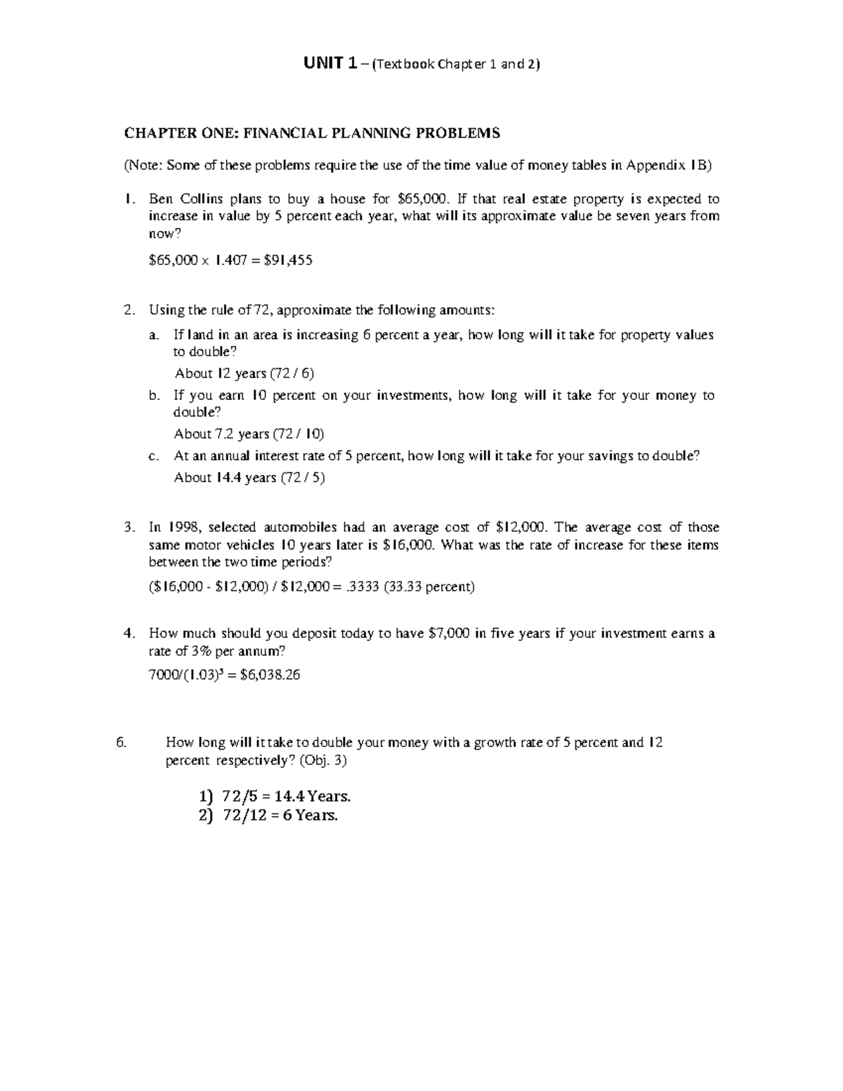 Financial Planning Problems and Time Value of Money Calculations - Studocu