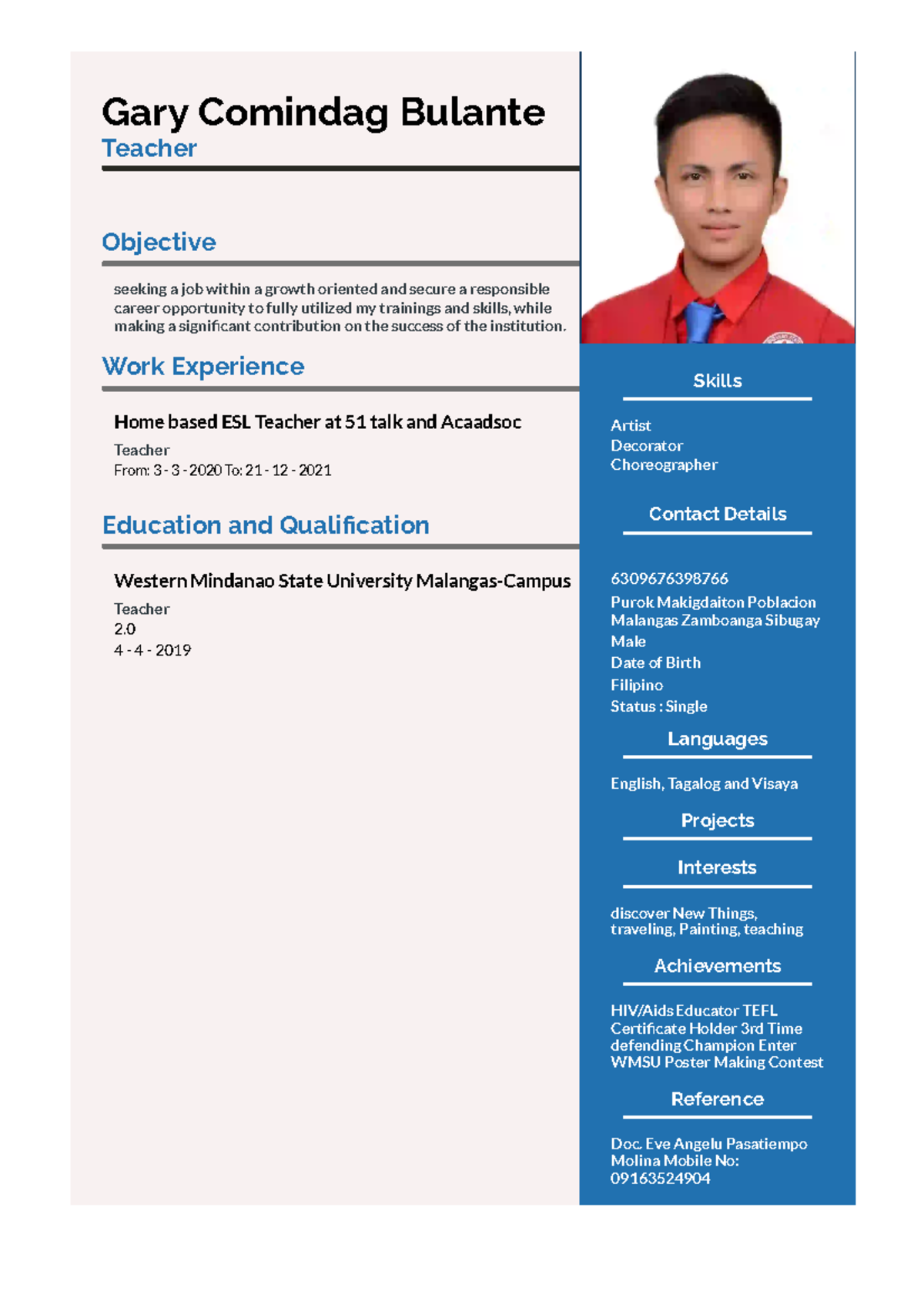 Gary Resume - Learn from it - Gary Comindag Bulante Teacher Objective ...