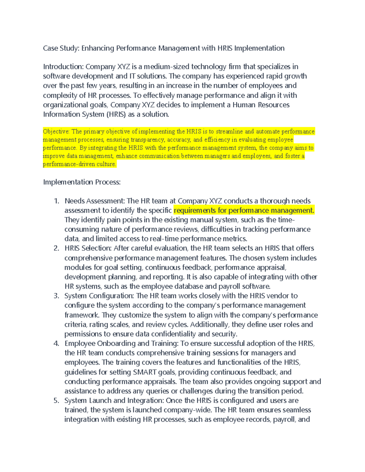 Need analysis (HRIS) case study - Case Study: Enhancing Performance Management with HRIS - Studocu