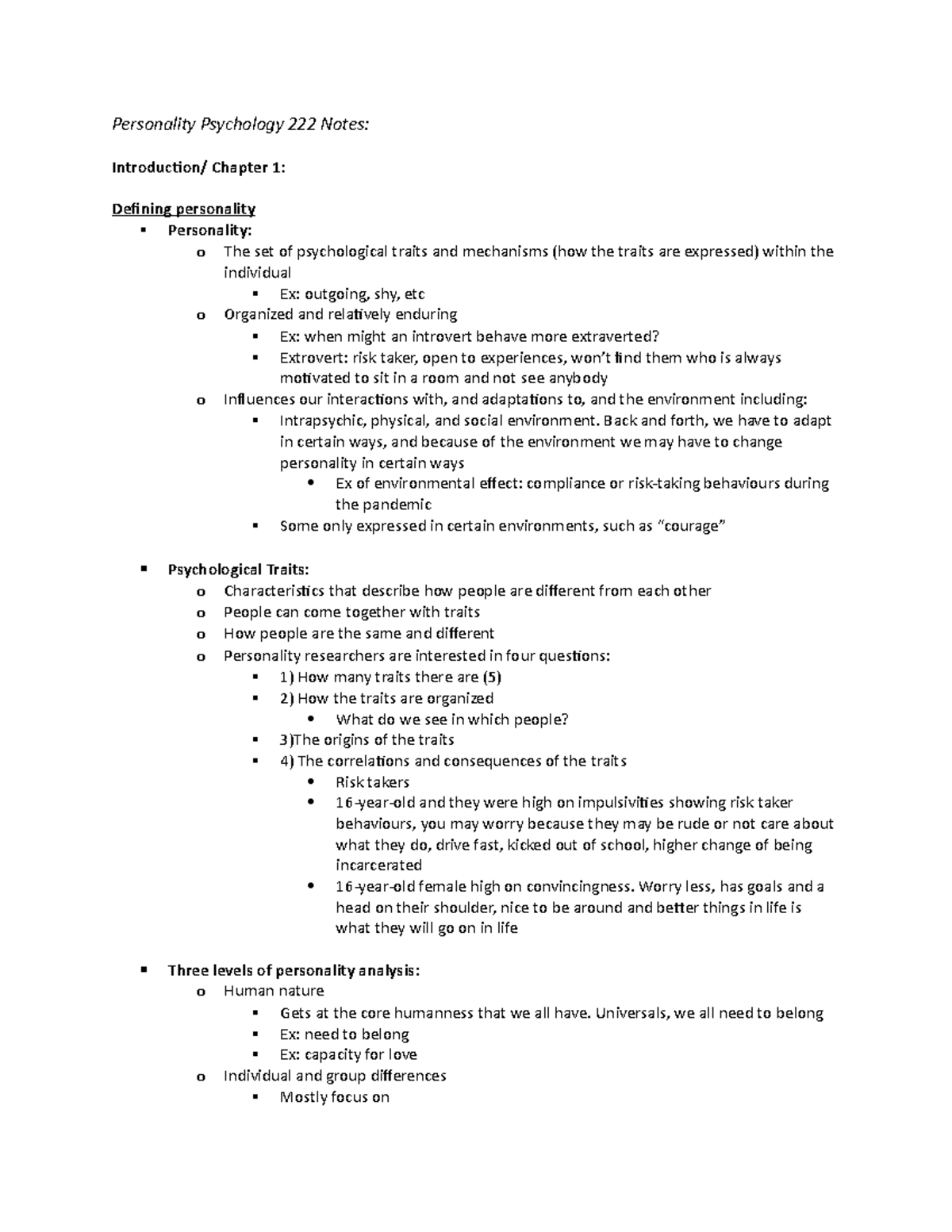 Personality Psychology 222 Notes - Personality Psychology 222 Notes ...