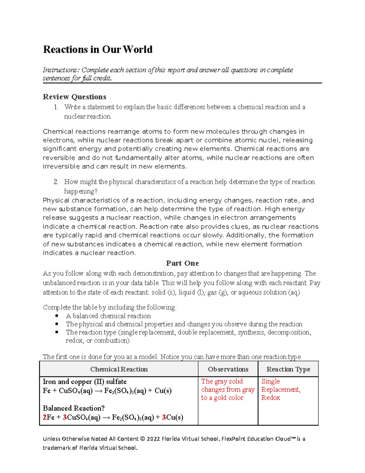 Reactions in our world report - Reactions in Our World Instructions ...