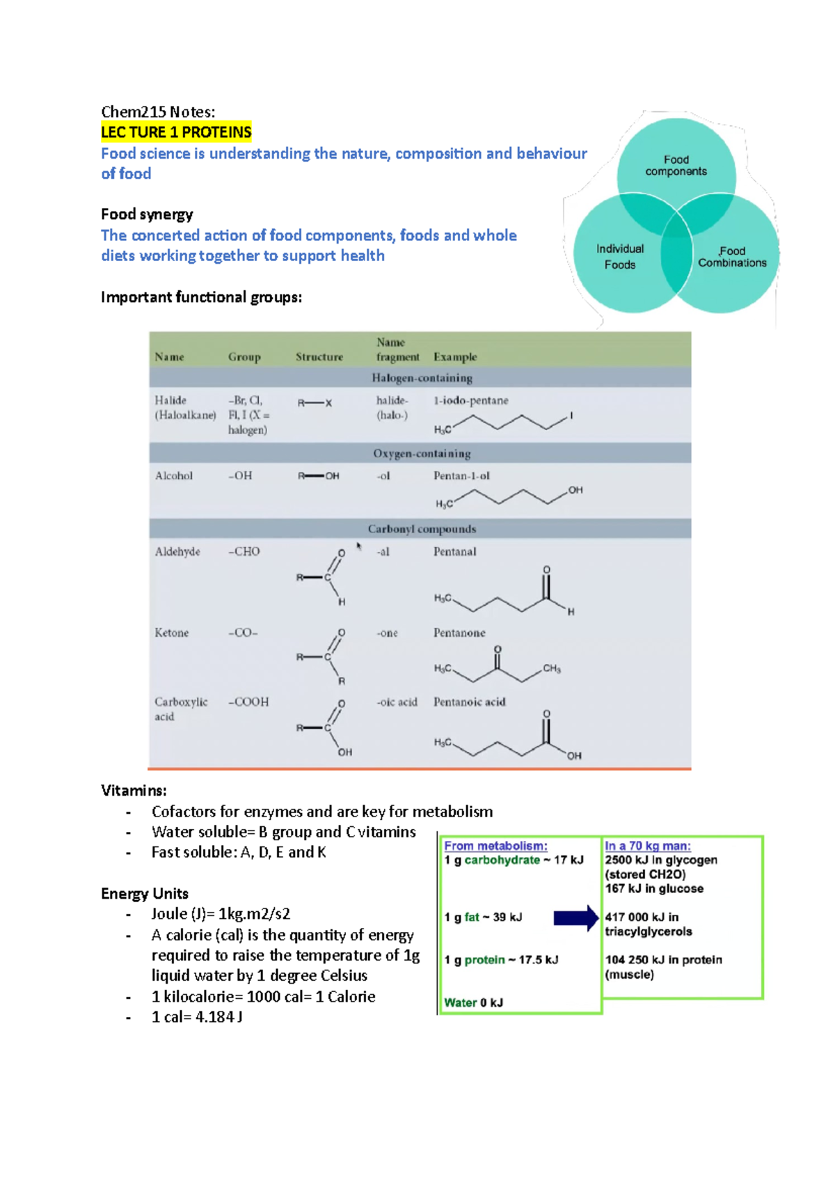 Chem215 lecture Notes - Chem215 Notes: LEC TURE 1 PROTEINS Food science ...