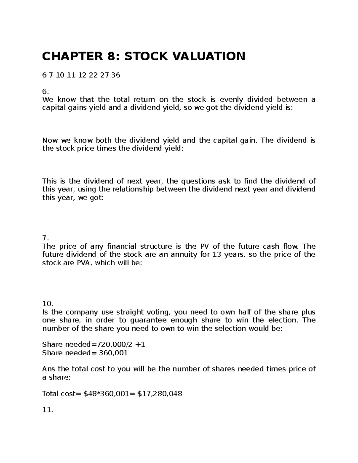 Homework 4 - slides - CHAPTER 8: STOCK VALUATION 6 7 10 11 12 22 27 36 ...
