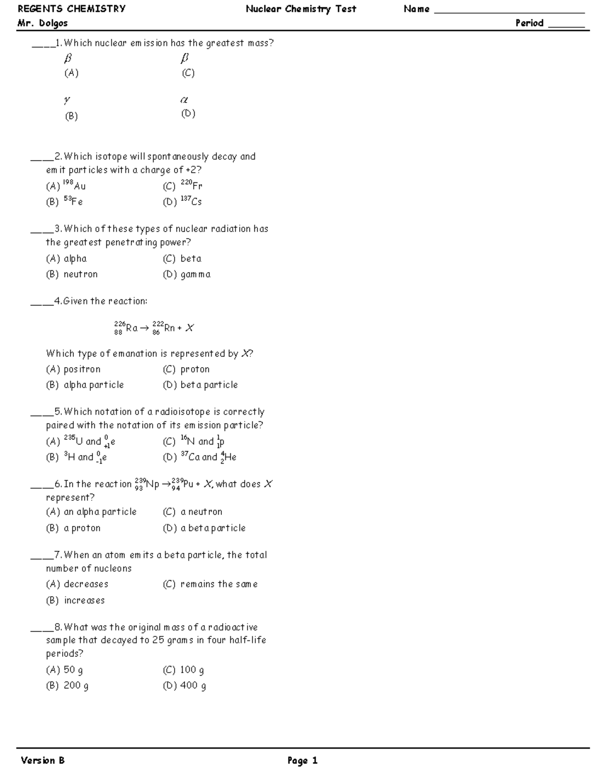 Test - nuclear 2010 B - Practice test - - Studocu