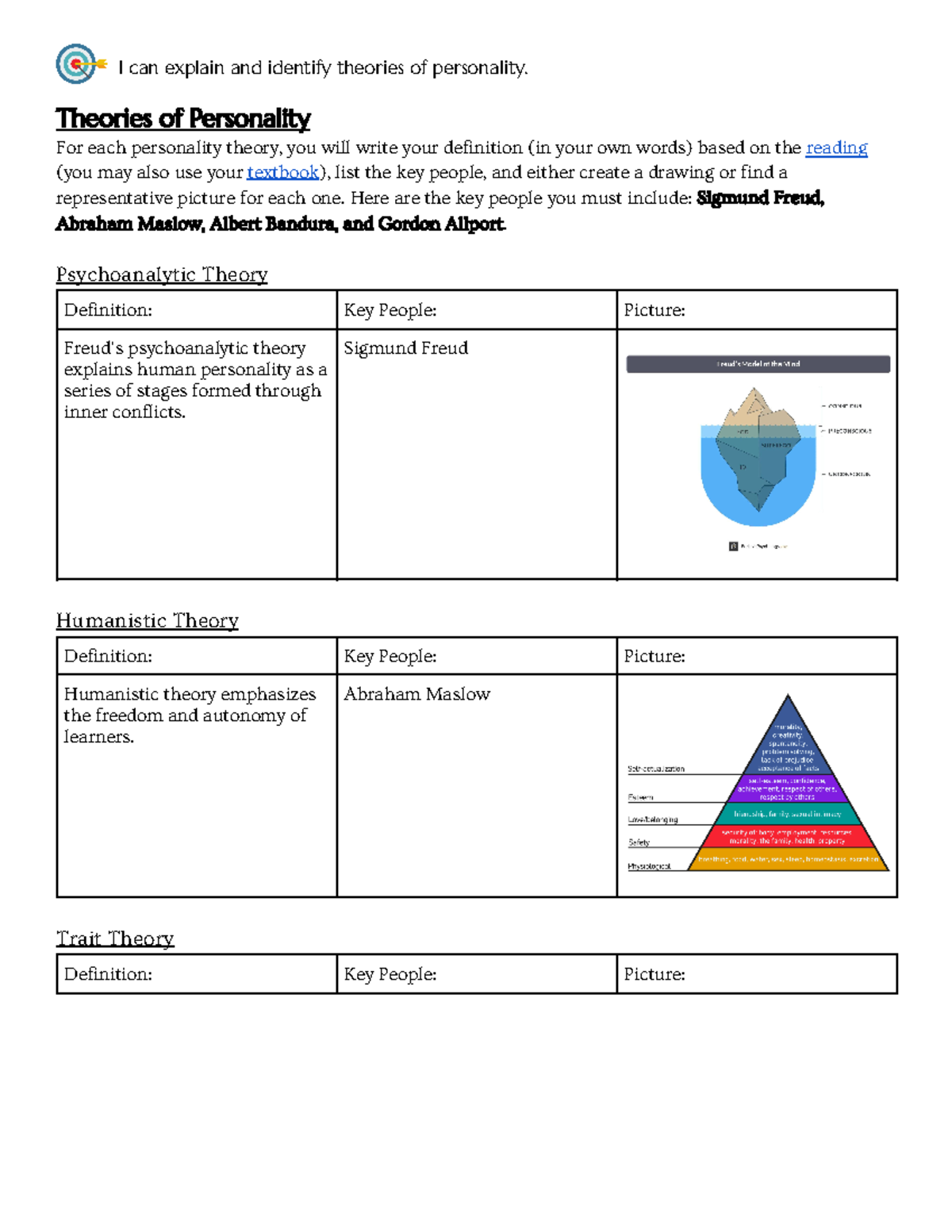Copy of Personality Key Theories - I can explain and identify theories ...