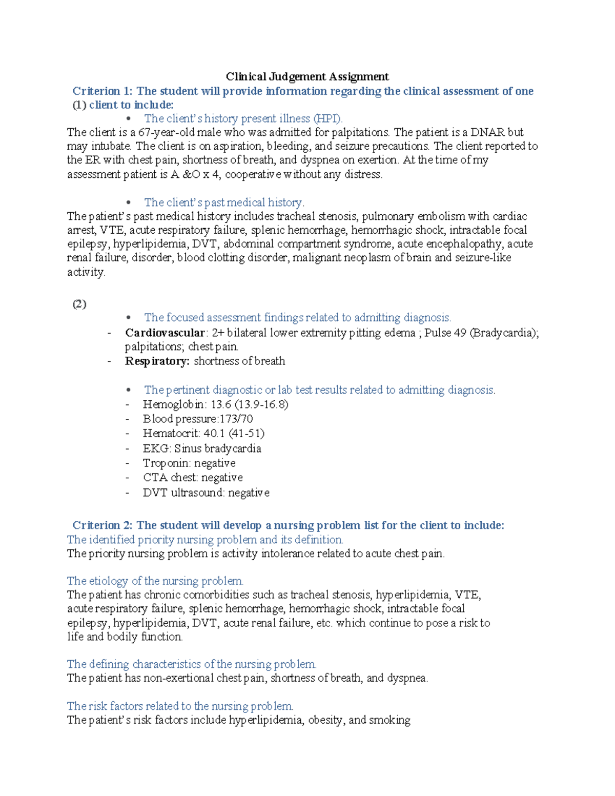 5 - medical surgical nursing - Clinical Judgement Assignment Criterion ...