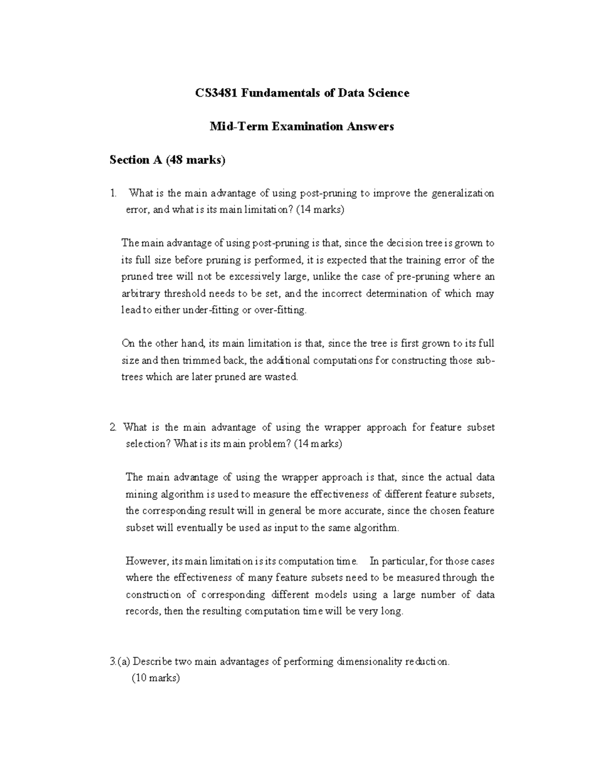 CS3481 QA2 - ..... - CS3481 Fundamentals of Data Science Mid-Term Examination Answers Section A ...