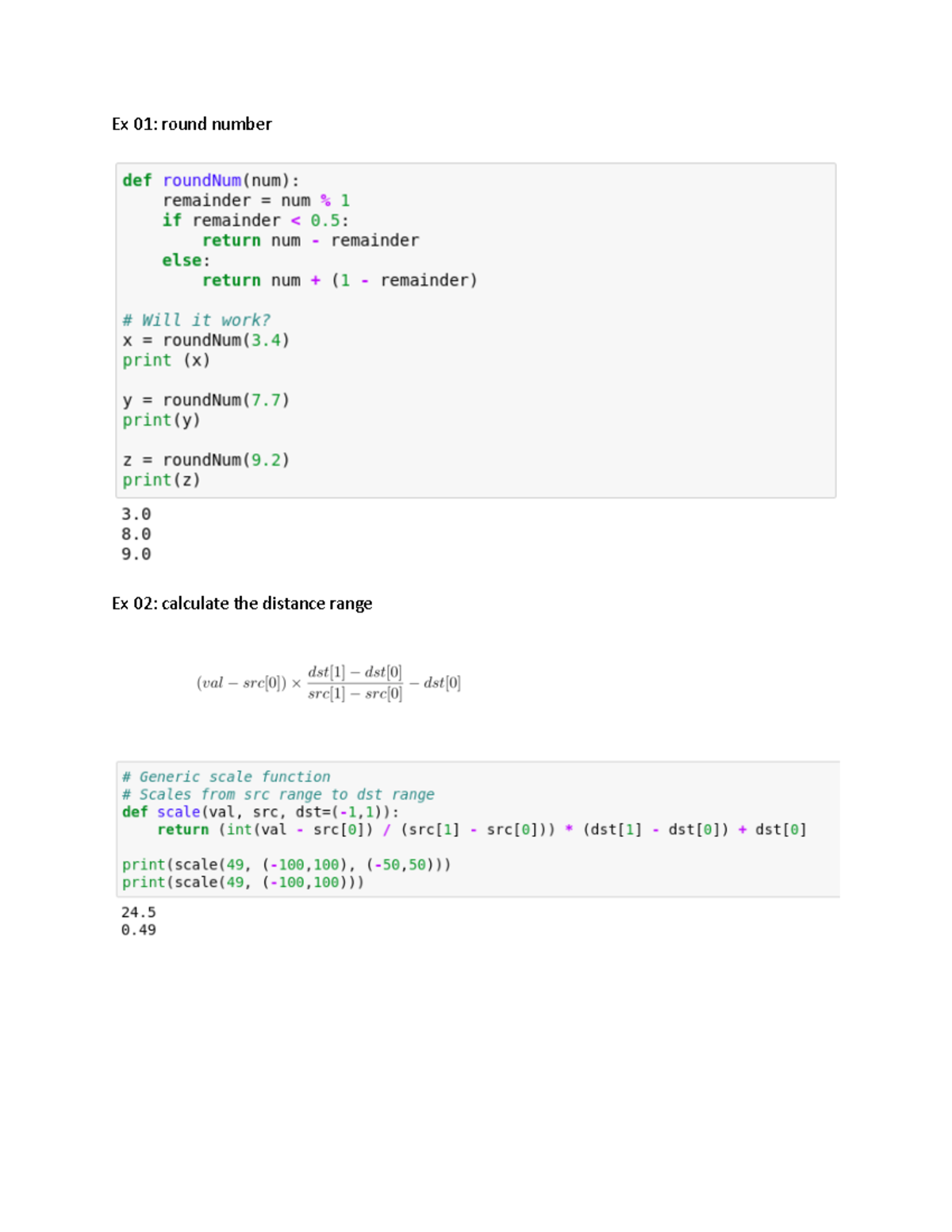 Python Exercises 02 - programming - Ex 01: round number Ex 02: calculate the distance range ...
