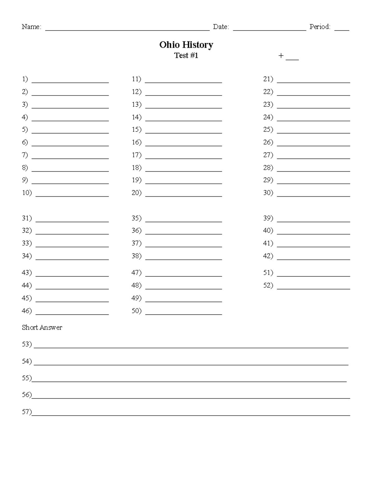 Ohio History - Geography Test - Big Map and NW Ohio - Blank - Name ...
