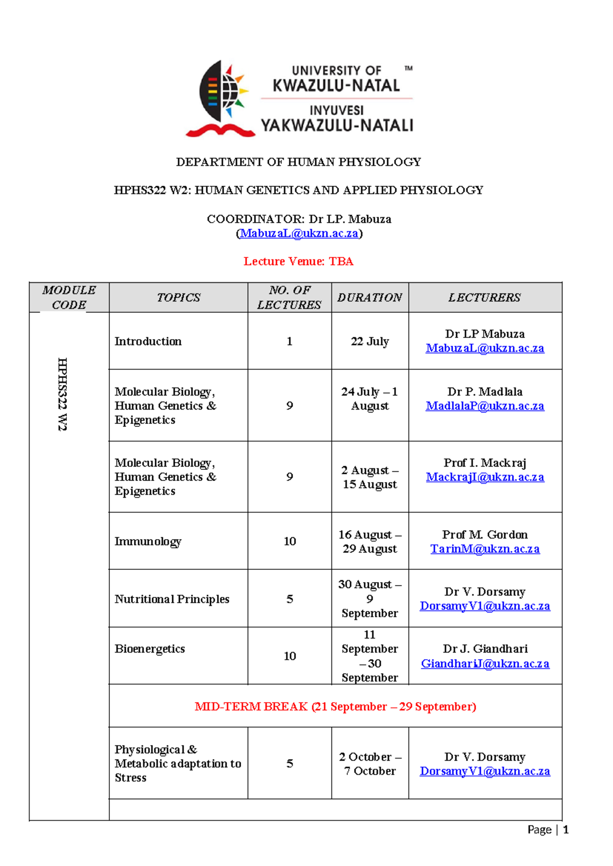 Timetable HPHS322 W2 2024 - DEPARTMENT OF HUMAN PHYSIOLOGY HPHS322 W2 ...