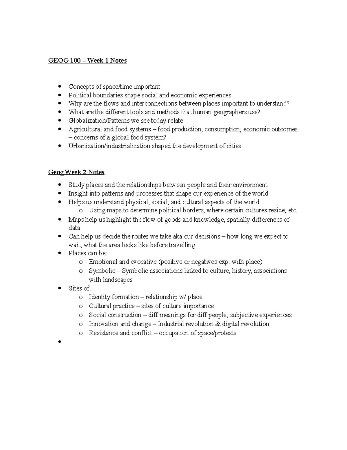 GEOG 100 - Six weeks of Notes - GEOG 100 – Week 1 Notes Concepts of ...