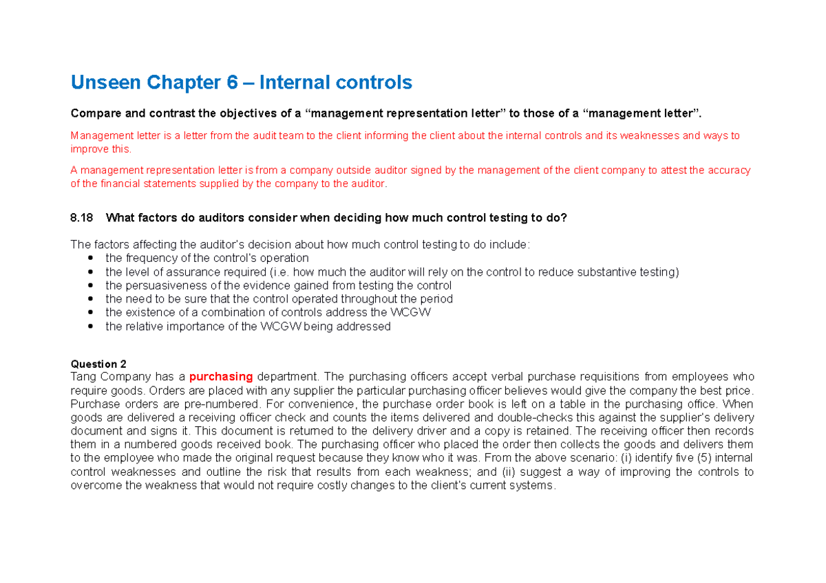 Auditing study notes 2022 - Unseen Chapter 6 – Internal controls ...