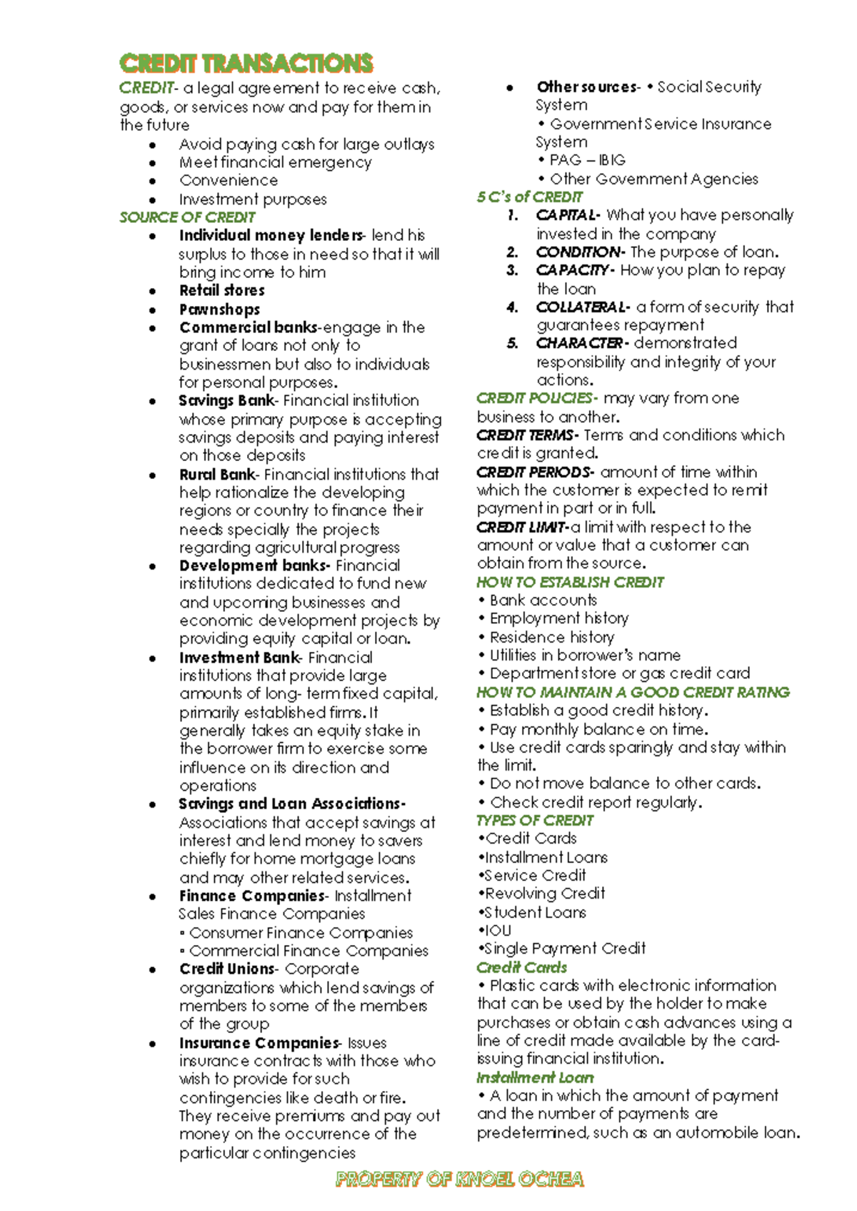 Credit- Transactions - CREDIT- a legal agreement to receive cash, goods ...