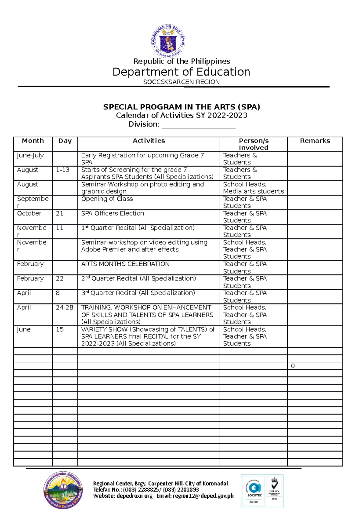 SPA-Activities-Template AMBOT ANO NIII - Regional Center, Brgy ...
