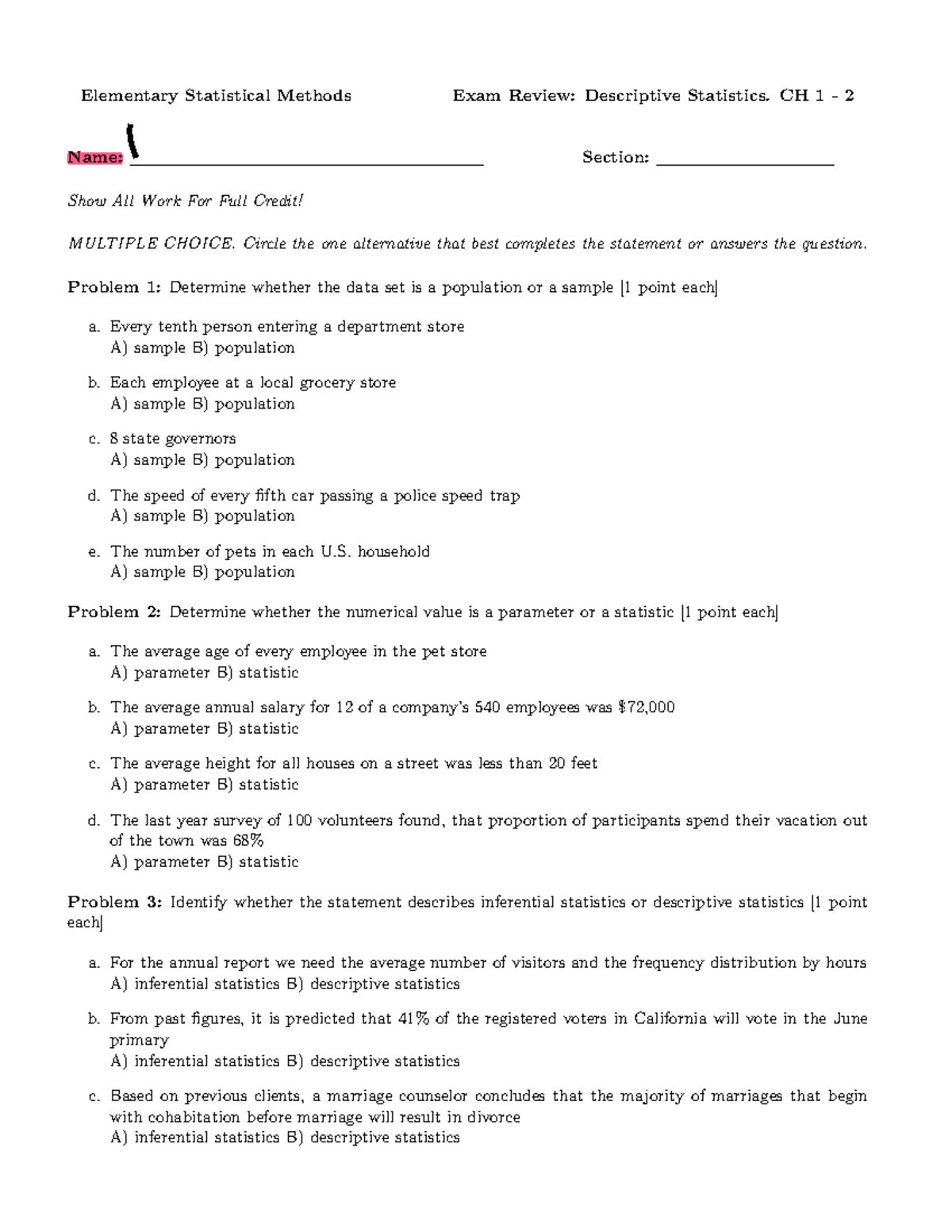 Written Homework. Chapter 1.2 Review-1 - Elementary Statistical Methods ...