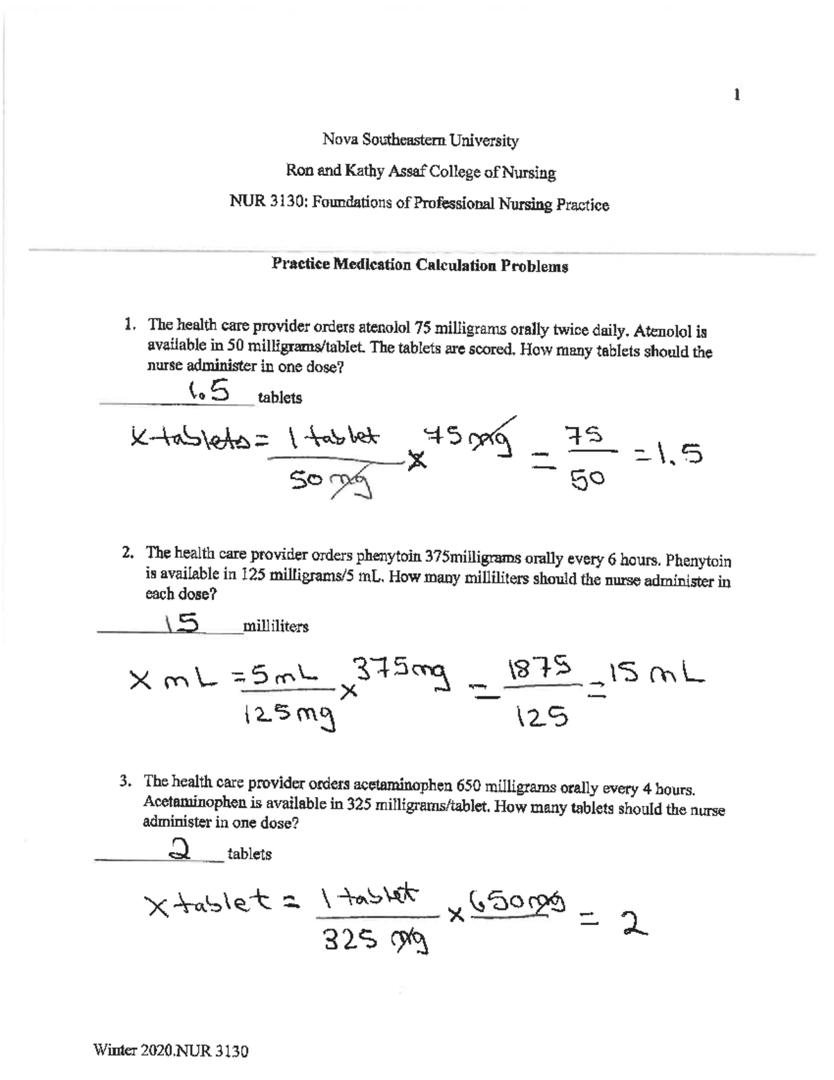 Medication Calculation Practice-Answer Key - NUR 3130 - Studocu