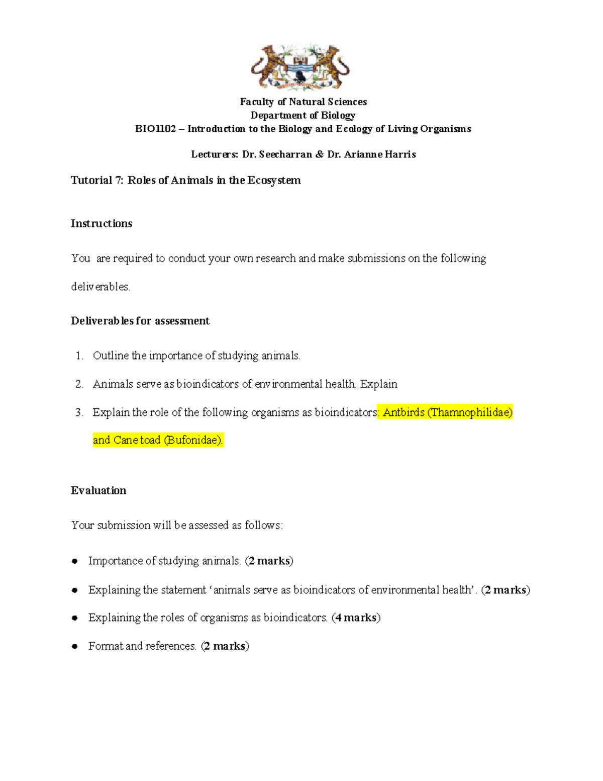 Bio1102 Tutorial 7 Laboratory Field Biology I Studocu