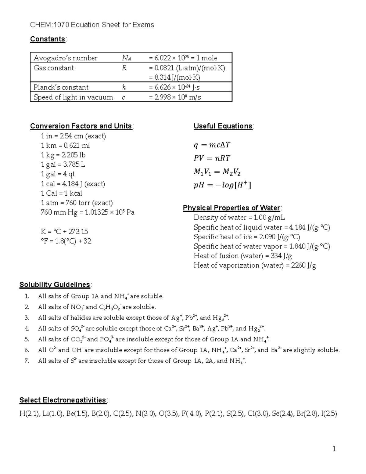 Equation Sheet Periodic Table - CHEM:1070 Equation Sheet for Exams 1 ...
