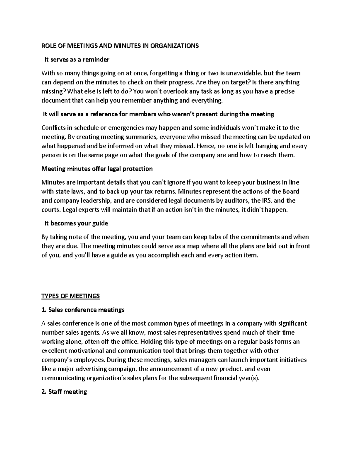 Communication Skills ROLE OF MEETINGS AND MINUTES IN ORGANIZATIONS It