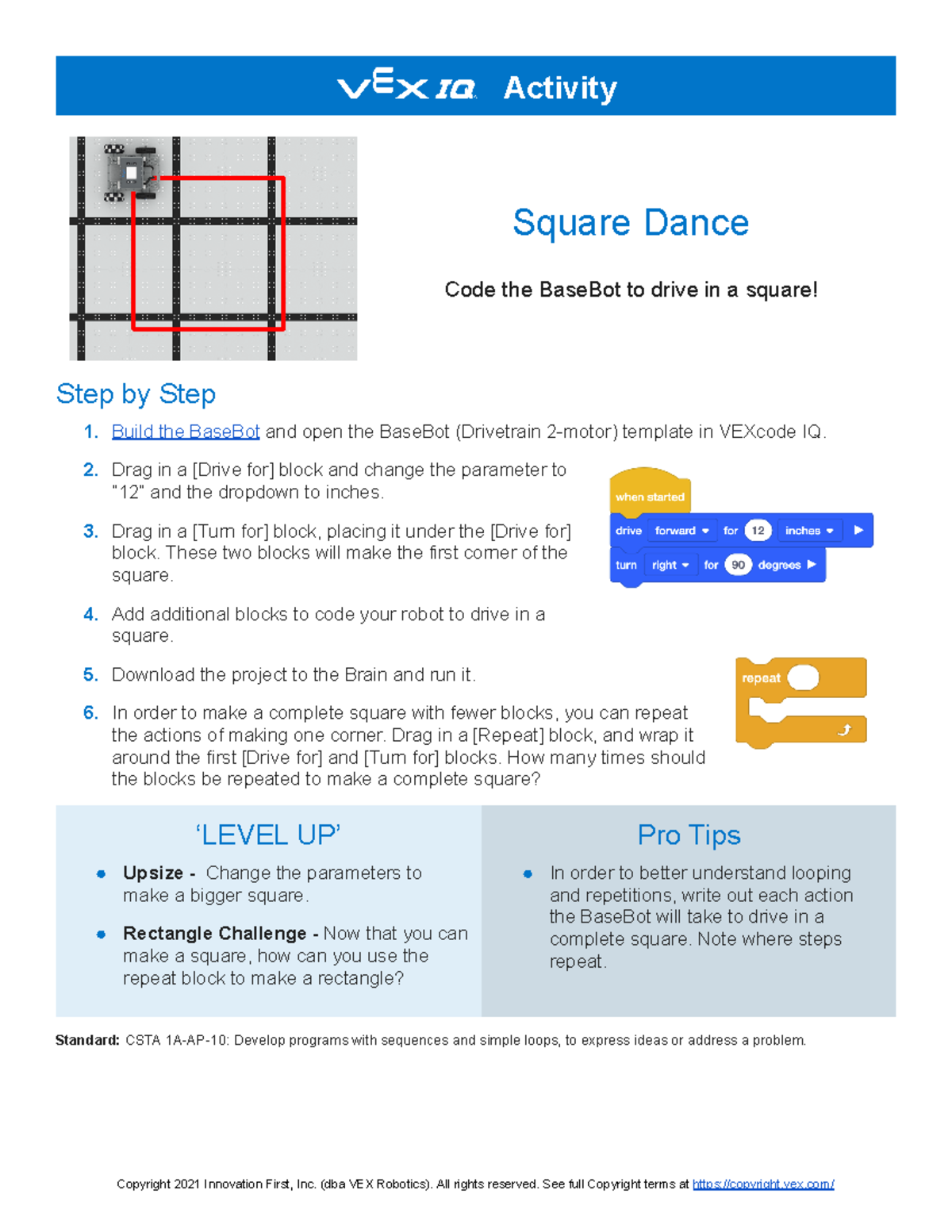 IQ Activity - Square Dance - Activity Square Dance Code the BaseBot to ...