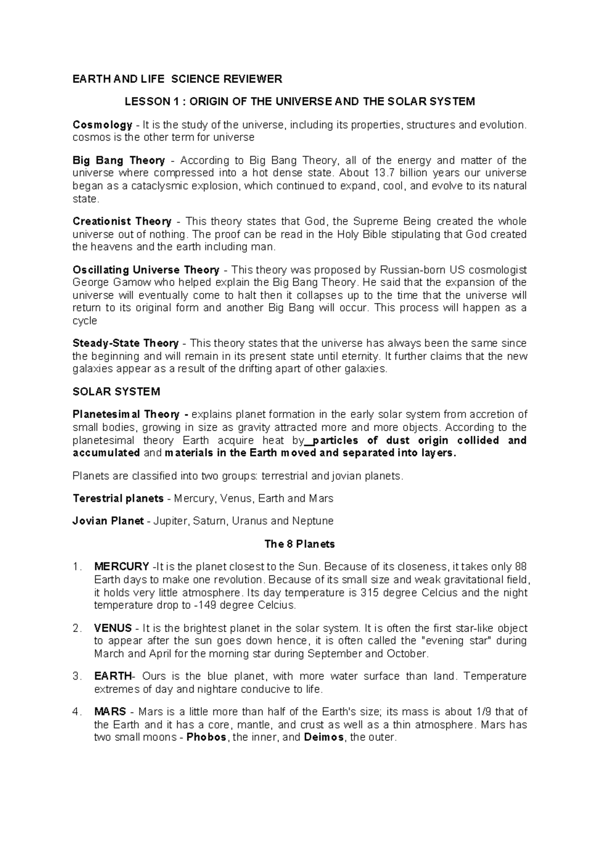 EALS- Reviewer - EARTH AND LIFE SCIENCE REVIEWER LESSON 1 : ORIGIN OF ...