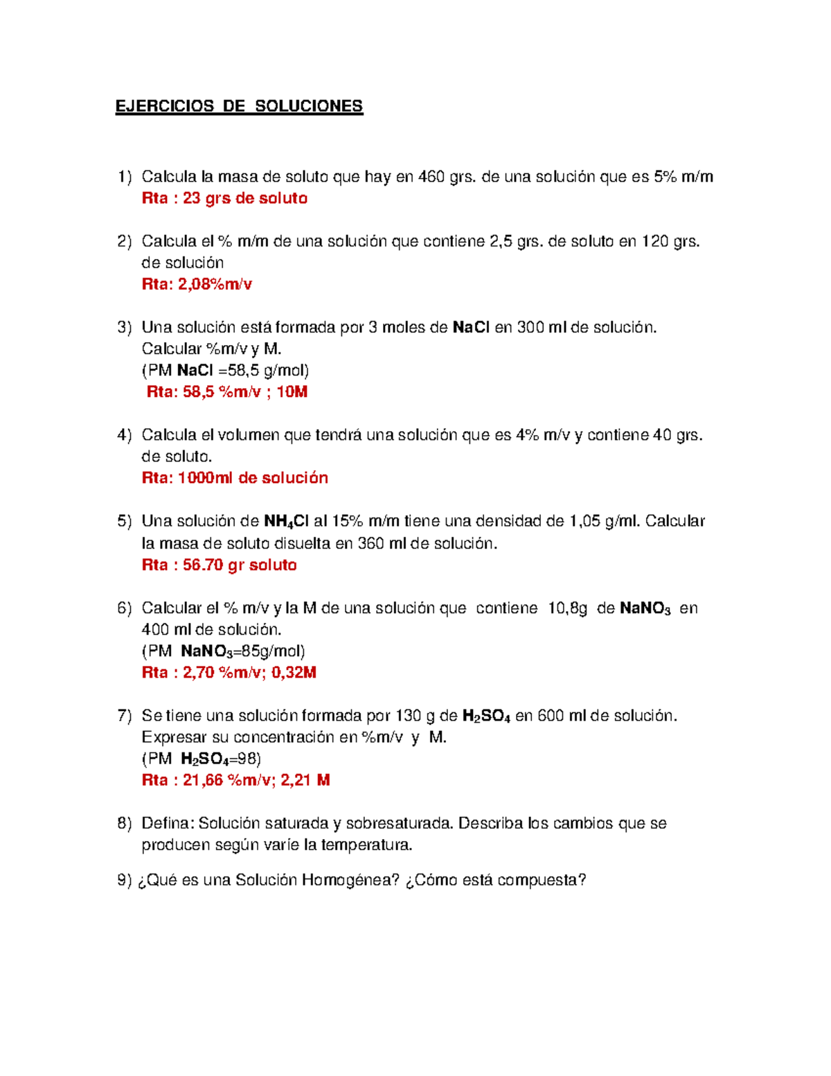 Soluciones Ejercicios Ejercicios De Soluciones Calcula La Masa De Soluto Que Hay En 460 Grs