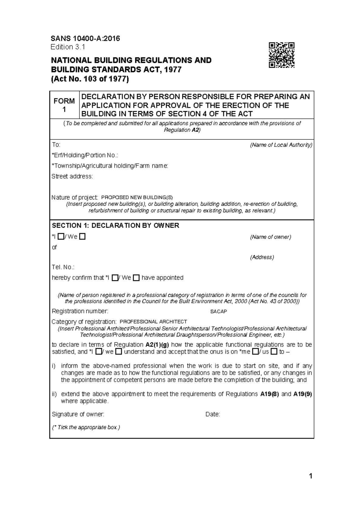 SANS10400 Form 1 - Sans form - Edition 3. NATIONAL BUILDING REGULATIONS ...