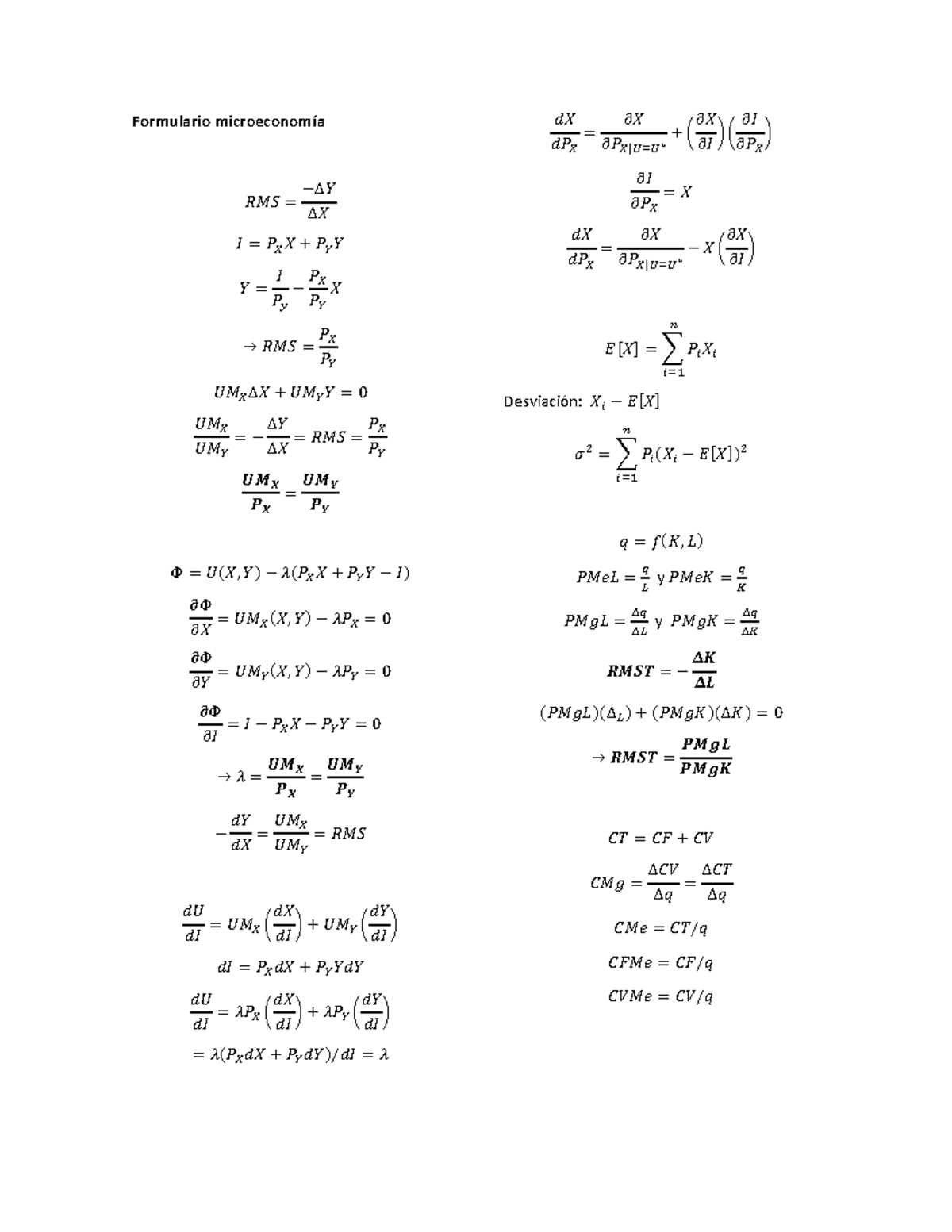 Formulario Microeconomia PINDYCK - Formulario microeconomía 𝑅𝑀𝑆 = −Δ𝑌 ...